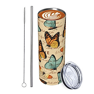 Srucddu Romantic Butterfly 20oz Insulated Tumbler With Lid And Straw, 3d Print Vacuum Travel Coffee Mug Stainless Steel Coffee Tumbler Cup Butterfly Tumbler Butterfly Gifts for Women