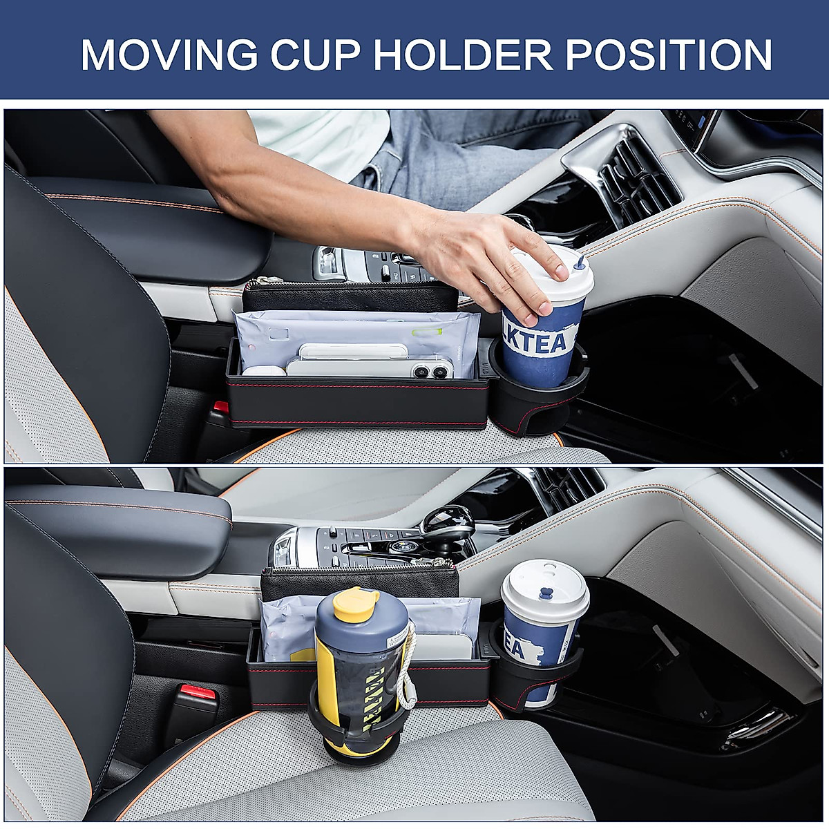 UILB Tesla 2 Cup Holder Car Rear Seat Two Big Side Cup Holder, Backseat Oraginzer with Two Cup Holder, DIY Position, Storage Box for Money, Card, Holding Phone, Wallet