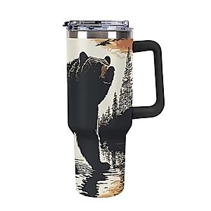 LLUTSNTH 40 Oz Vacuum Tumbler with Black Handle Leakproof Insulated Tumbler Bear Silhouette Stainless Steel Travel Mug with Lid And Straw Coffee Cup Cute Water Bottles Cup Holder Friendly
