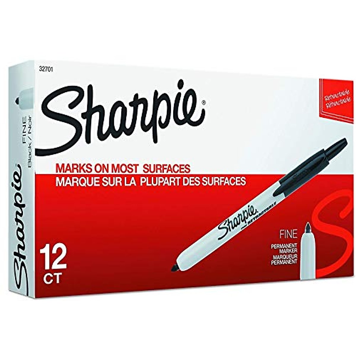 Sharpie 32701 Retractable Permanent Markers, Fine Point, Black, 12 Count Box - 1 Pack - Total Marker Count 12 Markers