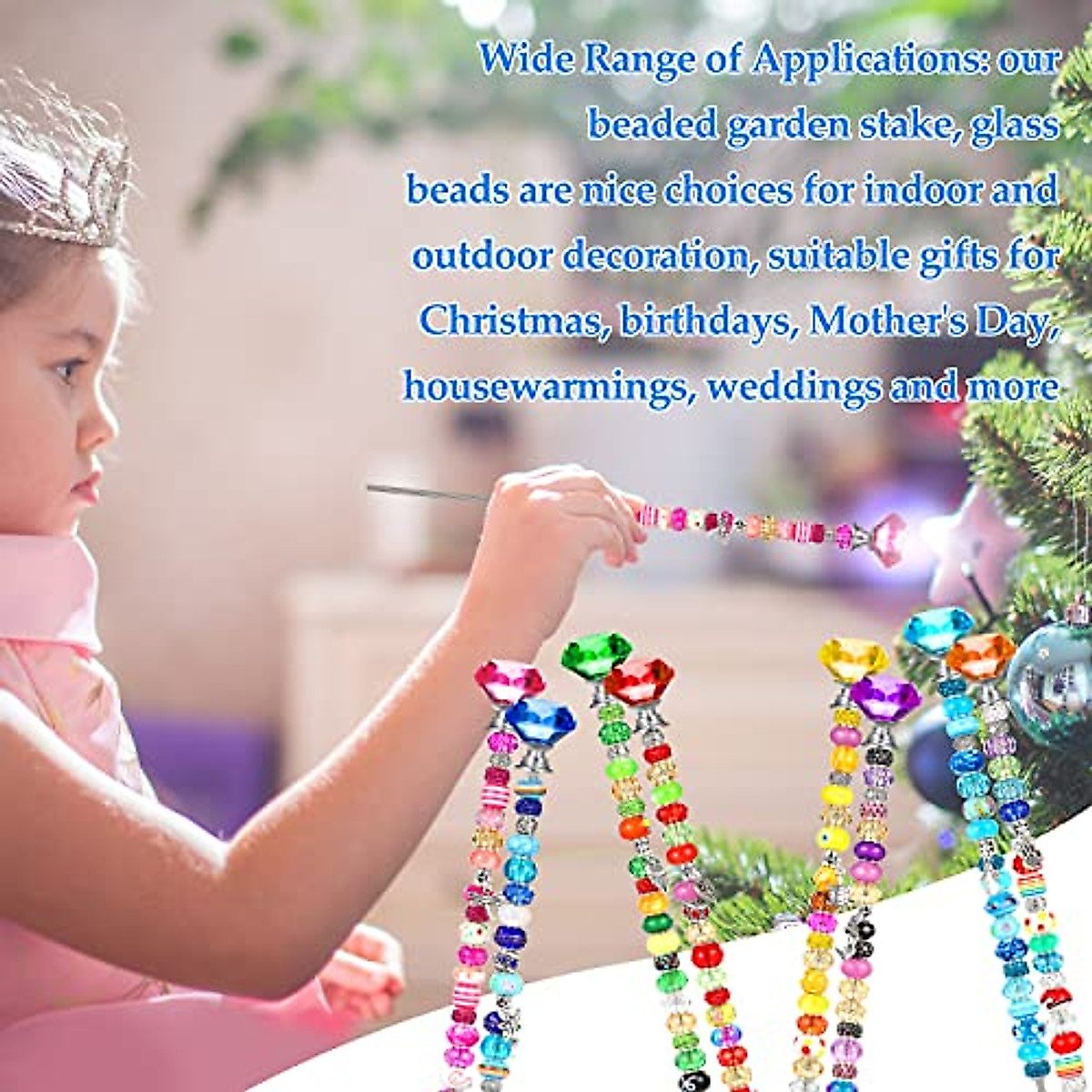 Beaded Garden Decor Includes 8 Pcs Beaded Stakes with Stopper Top Round Glass Bead Antique Silver Bail Bead with Pendant Silver Bead for Outdoor Decoration (Diamond Style)