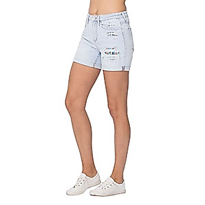 Judy Blue Women's High-Rise Cuffed Printed Lining Shorts (Light Blue, Large)