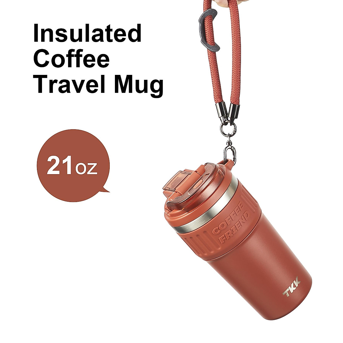 TKK Insulated Coffee Thermos with Ceramic Coating, 21oz Iced Coffee Tumbler Cup with Straw Lid Double Wall Vacuum Leak Proof Travel Mug with Strap for Hot and Iced Beverage, Red
