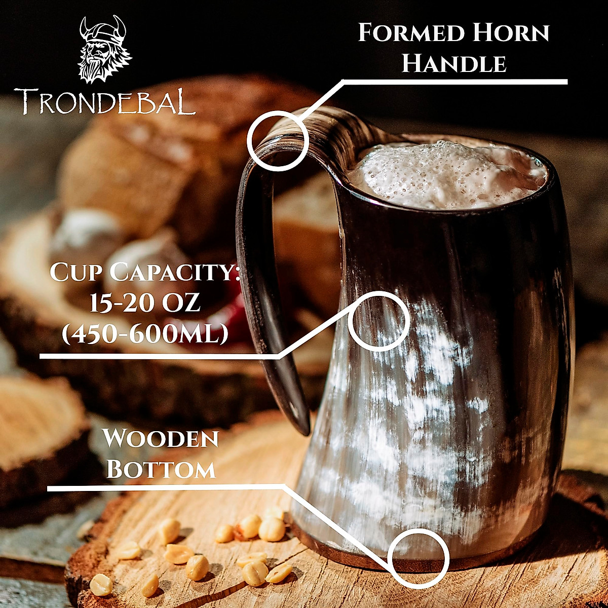 Trondebal Viking Drinking Horn Mug, 15-20 Oz Natural Ox Horn Cup & Cofee Stein | Cool Unique Gift for Men and Women, Home Decor Accessories | Shot Glasses for Beer, Ale, Mead, Whiskey