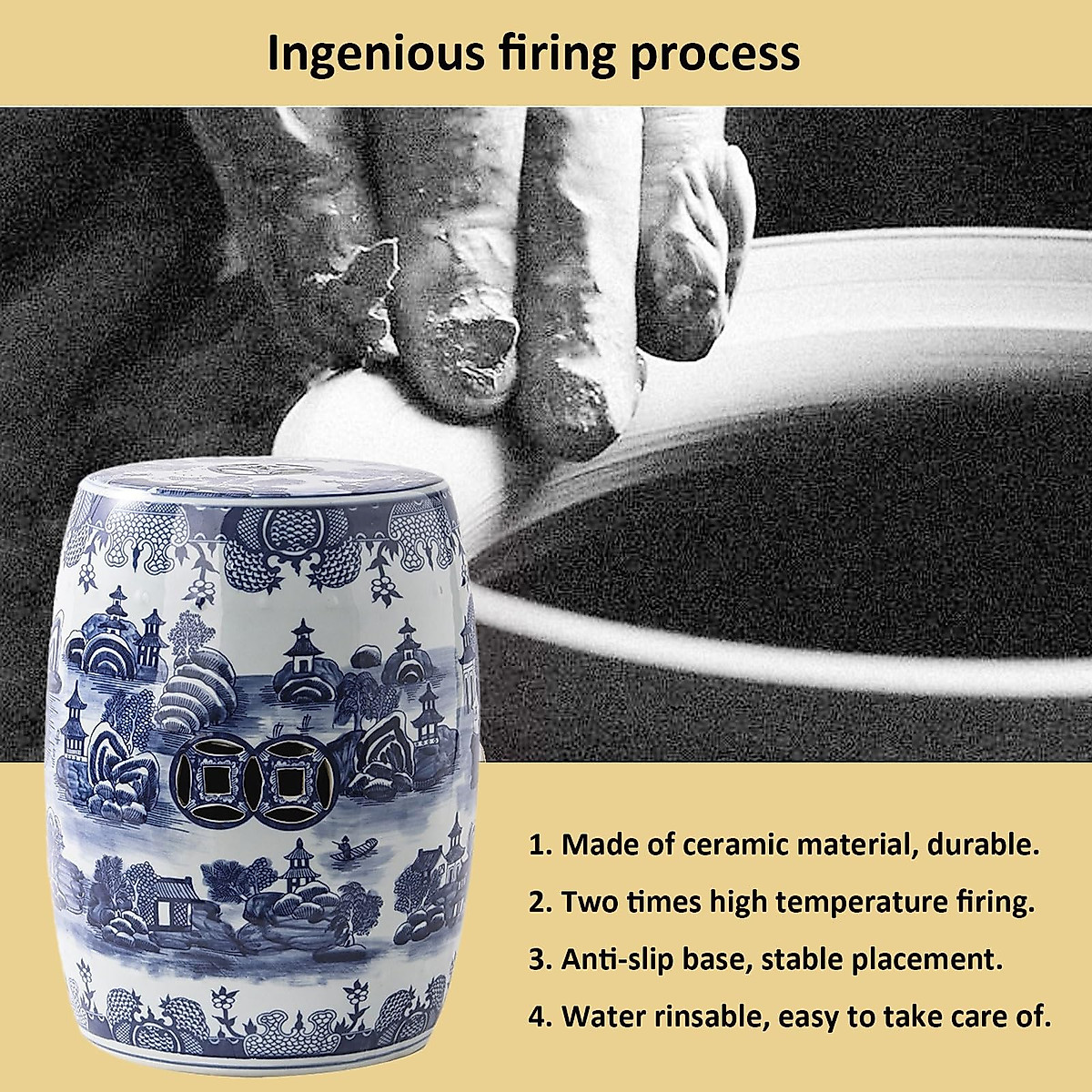 JENKEM Decorative Ceramic Garden Stool, Glazed Hollow Celadon Shoe-Changing Stool Drum Stool, Suitable for Outdoor Garden, Living Room, Terrace, Etc.