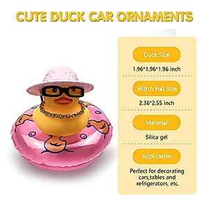 OEFWING 2PC Duck Car Dashboard Decorations Rubber Duck Car Ornaments for Truck Fun Litter Rubber Cool Duck Accessories with Mini Swim Ring Sun Hat Necklace and Sunglasses
