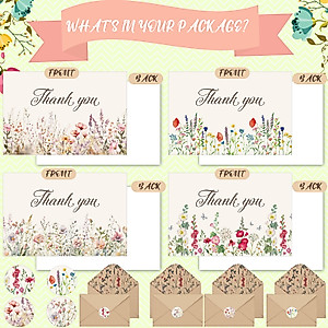Noveread 300 Pieces Wildflower Thank You Cards with Floral Envelopes 4 x 6 Inch, Thank You Notes with Envelopes Set with Floral Thank You Cards and Stickers for Birthday Wedding Bridal Shower
