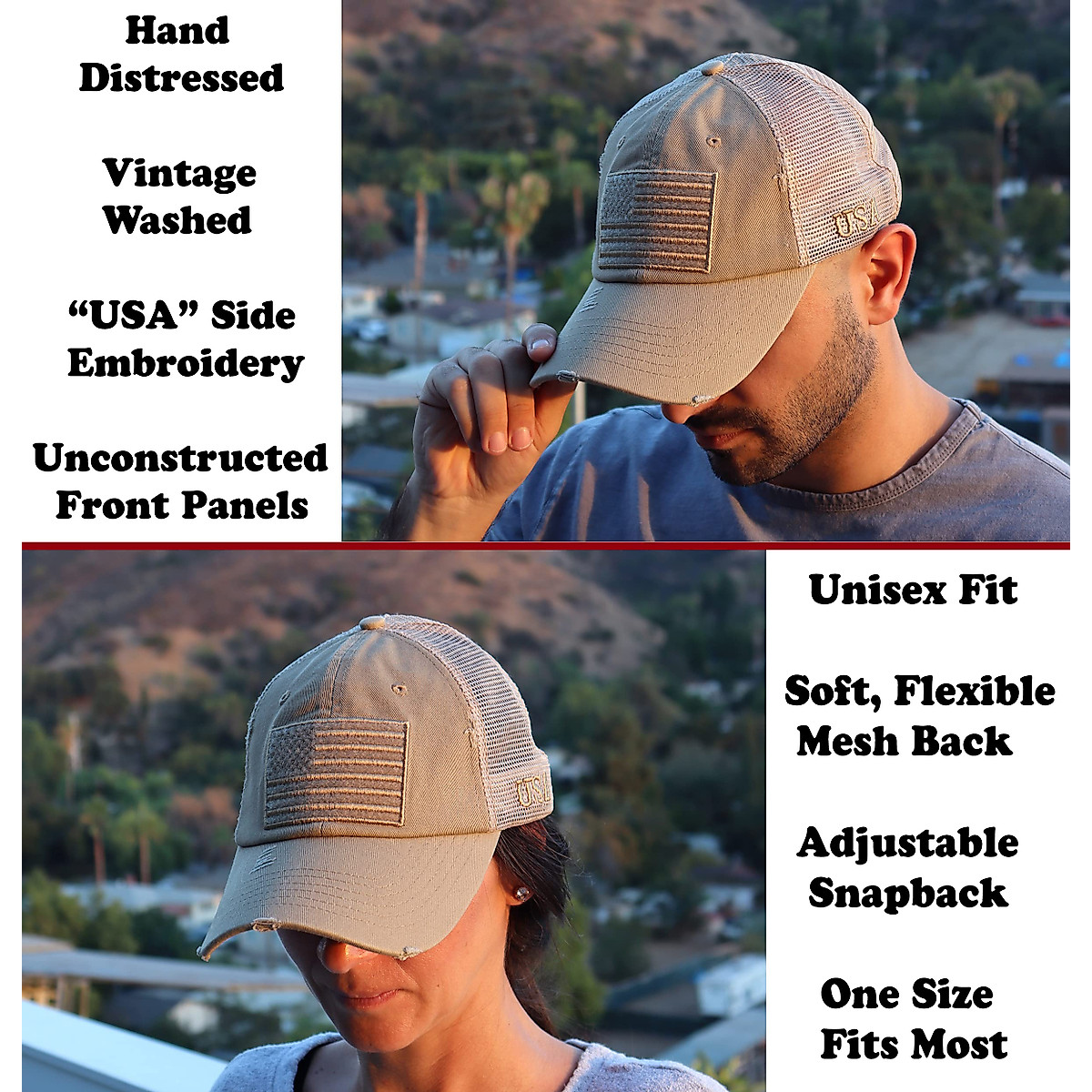 Antourage American Flag Unconstructed Hat for Men and Women Twill Mesh Snapback Baseball USA Flag Cap + 2 Patriotic Patches ((10) Khaki Distressed Mesh Snapback)