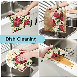 senya 6 Pack Dish Cloths Dish Towels Red Roses Flowers Reusable Kitchen Hand Towels