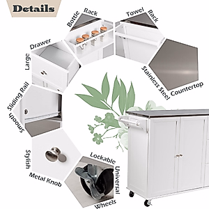 GLACER Kitchen Island Cart on Wheels, Rolling Kitchen Cart with Stainless Steel Countertop, Rolling Kitchen Island for Kitchen, Dining Room, Restaurant, 53 x 18 x 36 inches (White)