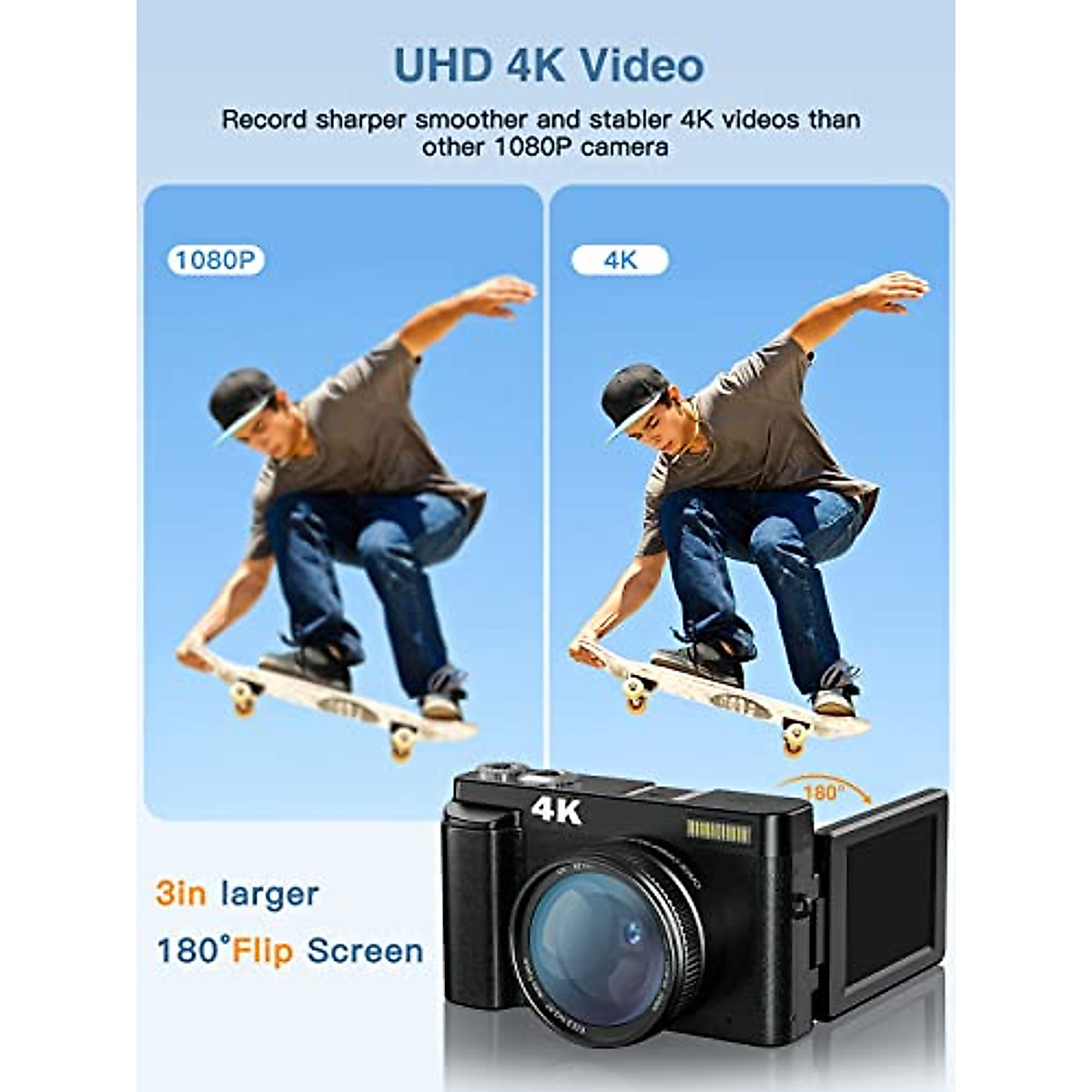 4K Digital Camera, 48MP Autofocus Video Camera with 3" 180°Flip Screen 32GB SD Card, 16X Digital Zoom, Compact Recorder Vlogging Cameras for YouTube with Built-in Mic, 2 Batteries for Beginners