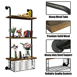 GILPWA 3-Tier Bathroom Shelves, Wall Mounted Floating Shelves with Basket, Easy Assemble Industrial Pipe Shelving, Anti-Rust Wall Shelves for Barhroom Living Room, Kitchen, Bedroom, 44.5 * 16.9 inch