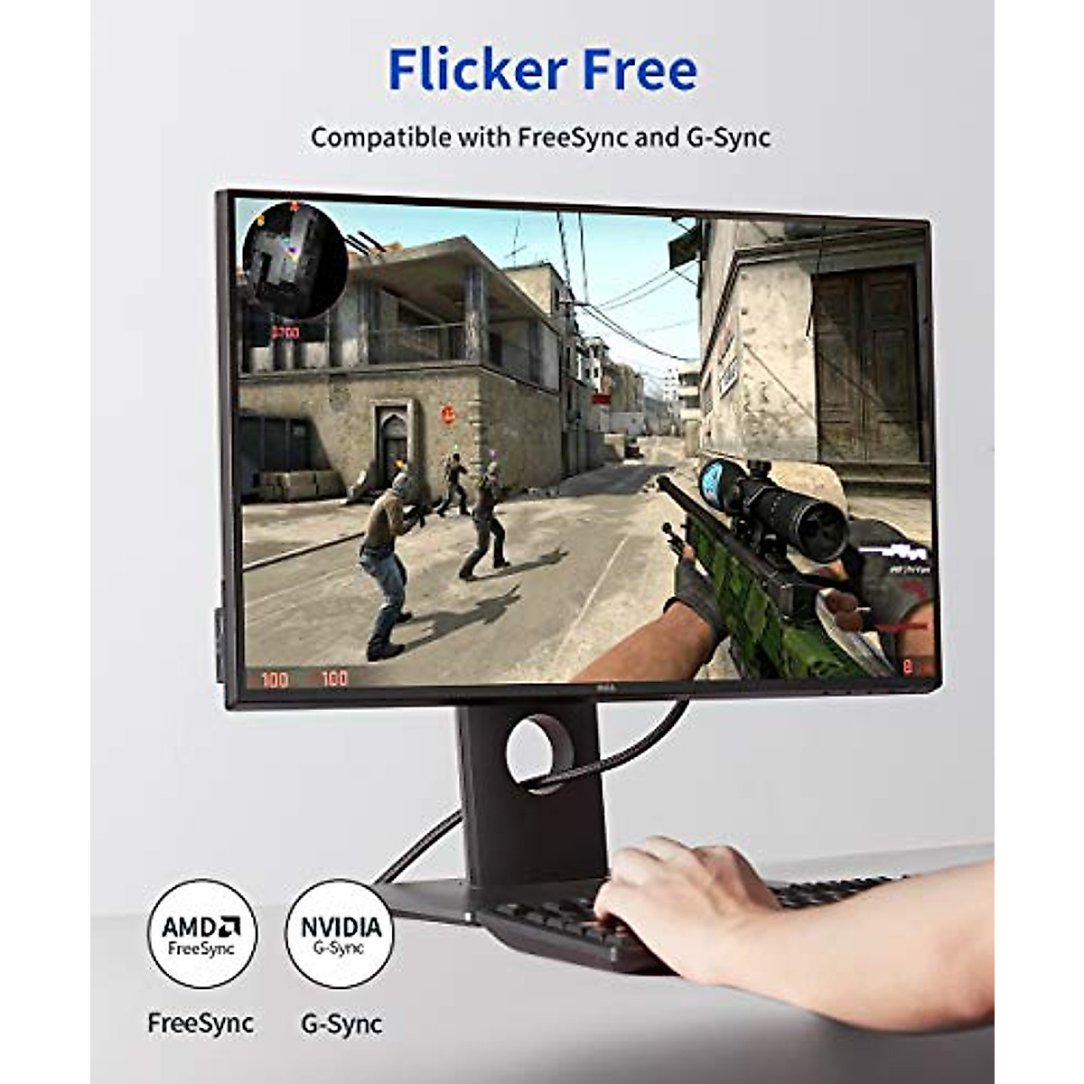 JSAUX DisplayPort Cable 10ft, 21.6Gbps High Speed DP 1.2 Braided Display Port Cord, 4K 60Hz HDR, 2K/1440P 165Hz & 144Hz, 1080p, 3D Compatible for Gaming Monitor Graphics Card TV PC Laptop -Grey