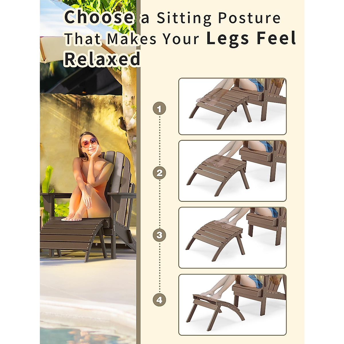 BUPPLEE Folding Adirondack Ottoman for Adirondack Chair, HDPE All Weather Outdoor Footrest Poly Lumber Adirondack Footstool for Patio, Backyard, Garden, Easy to Assemble & Storage - Teak