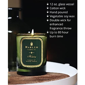 Harlem Candle Company Holiday Luxury Candle, 12 oz Green Glass Jar, Double Wick, Soy Wax, Gift Box, Winter-Fresh Fir, Pine Needles and Mint-Infused Eucalyptus