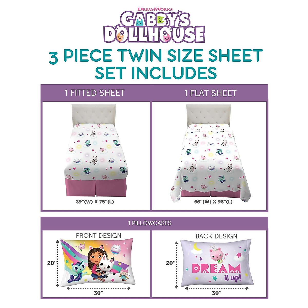 Franco DreamWorks Gabby's Dollhouse Kids Bedding Super Soft Sheet Set, 3 pcs, Twin