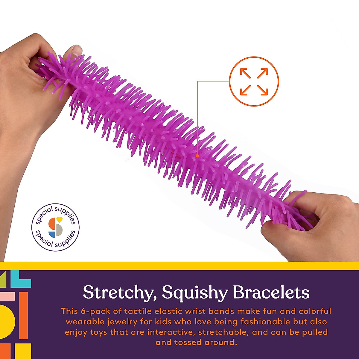 Special Supplies Squishy Fuzzy Band Bracelets for Kids, 6 Pack, Flexible and Stretchy Wearable Sensory Toys, Tactile Silicone Squiggly Touch, Bright and Colorful Wristbands
