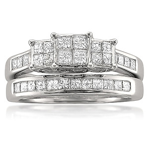 Beyond Brilliance 1.10 Carat Diamond, Prong-Set 14K White Gold Princess Cut Three-Stone Diamond Engagement Bridal Ring Set (I-J, I1-I2)