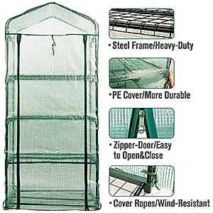 Worth Garden 4 Tier Mini Greenhouse - 63'' H x 27'' L x 19'' W - Sturdy Portable Gardening Shelves with Durable PE Cover w/Roll-Up Zipper Door- Small Green House Indoor & Outdoor for Plants Flowers