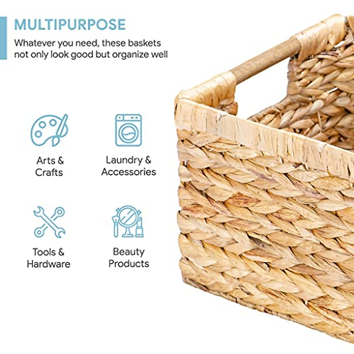 Large Wicker Basket Rectangular with Wooden Handles for Shelves, Water Hyacinth Basket Storage, Natural Baskets for Organizing, Wicker Baskets for Storage 14.5 x 10.3 x 7.5 inches - 3 Pack