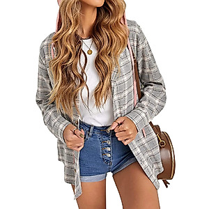 Knemksplanet Women Plaid Hooded Shirt Drawstring Flannel Sweatshirt Hoodie Jacket Casual Button Down Blouse Tops with Pocket Gray
