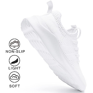 WOHHHW Women Walking Shoes Ladies Running Sneakers Breathable Mesh Sports Shoes Casual Lightweight Gym Lace up Sneakers Fitness Athletic Slip On Comfortable White US Size 7.5