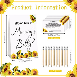 Sabary 64 Pcs Guess Baby Shower Games Include How Big Is Mommy's Belly Sign Measure Baby Bump Game and 50 Guessing Cards with 10 Pencils 3 Measuring Tapes for Baby Shower Party(Sunflower)