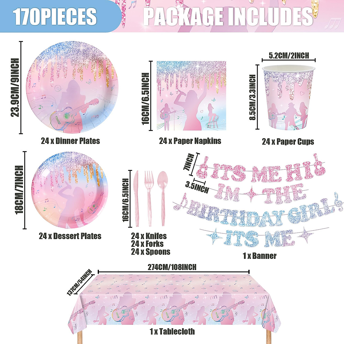 170 Pcs Gradient Birthday Party Decorations Paper Plates and Napkins, Its Me Hi Im the Birthday Girl Its Me, Music Party Favors Disposable Tableware Set for Girls Birthday Decorations Serve 24