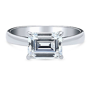 BERRICLE Sterling Silver Solitaire Wedding Engagement Rings 2.6 Carat Emerald Cut Cubic Zirconia CZ East-West Promise Ring for Women, Rhodium Plated Size 7