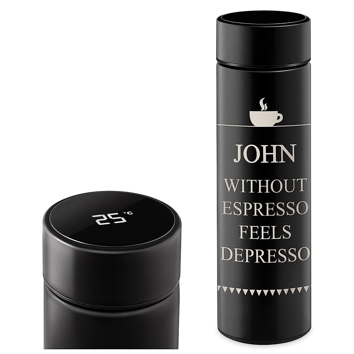 Maverton Travel Mug with engraving for man - 15,2 fl oz flask for him - Removable tea infuser - Lightweight design - LED Display - For Birthday - Personalized gadget for traveler - depresso