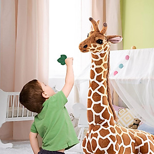 BRINJOY Giant Giraffe Stuffed Animal Set, 47 Inch Large Plush Giraffe Toy with Bird&Basket&Leaves&Card, Big Lifelike Standing Giraffe for Girls Boys