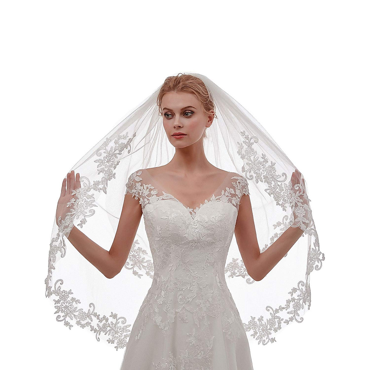 EllieHouse Women's Short 2 Tier Lace White Wedding Bridal Veil with Comb L24WT