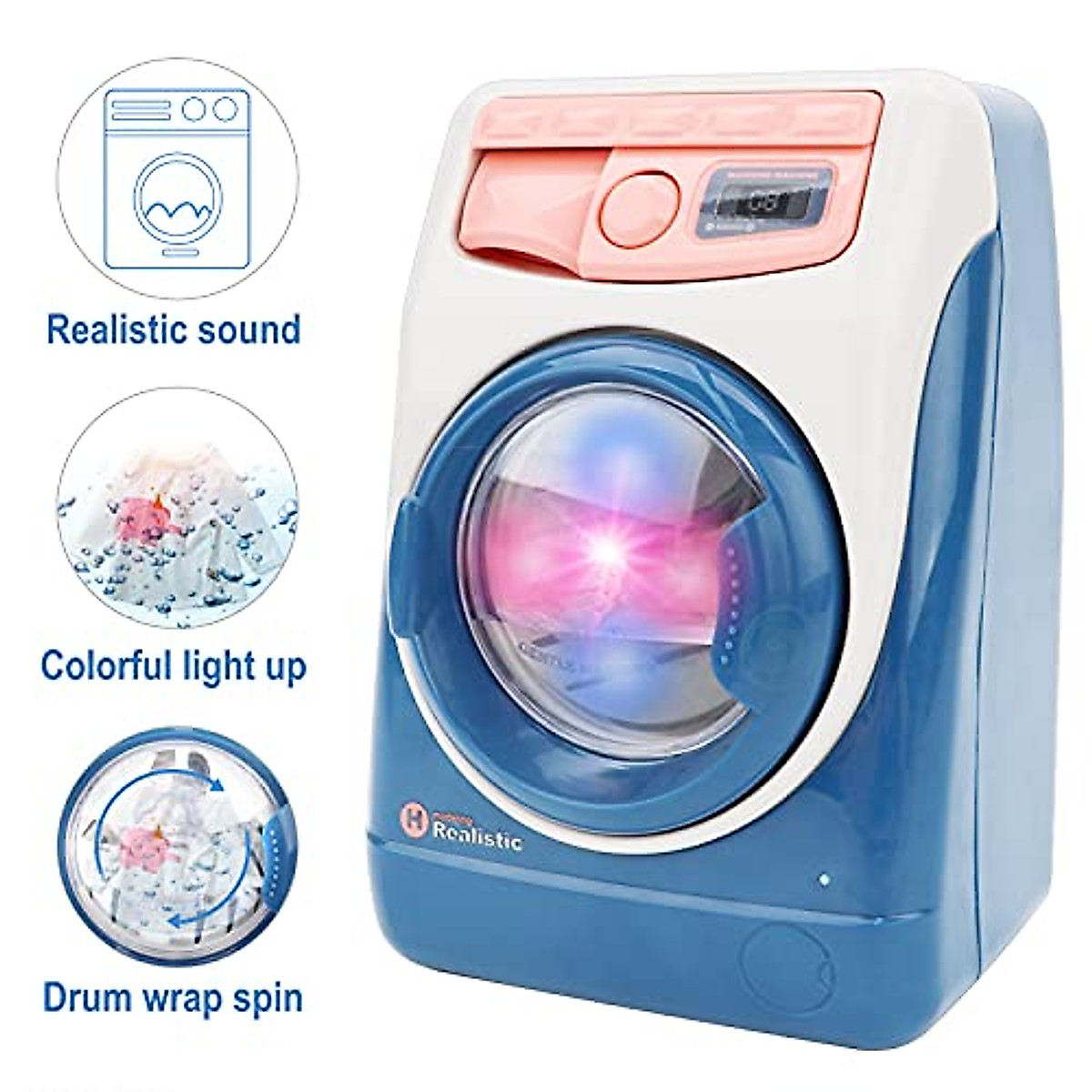 deAO Washing Machine Toy for Kids Dollhouse Furniture Pretend Play Household Appliance Realistic Sounds with Lights Laundry Play Set with Rotatable Roller for Children Birthday Present…