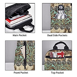 SWEET TANG Rustic brown teal western country tooled leather Backpack Lightweight Backpack for College Travel Work for Men and Women