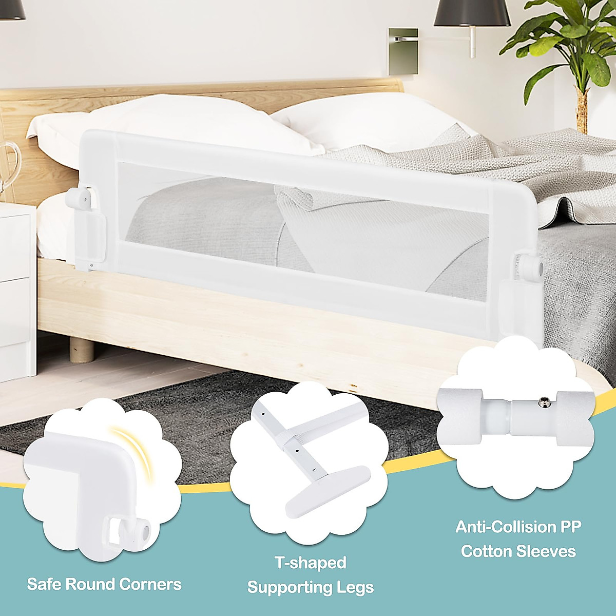 BABY JOY Bed Rails for Toddlers, Extra Long, Swing Down Safety Bed Guard for Convertible Crib, Folding Baby Bedrail for Kids Twin, Double, Full Size Queen & King Mattress (60-Inch, White)