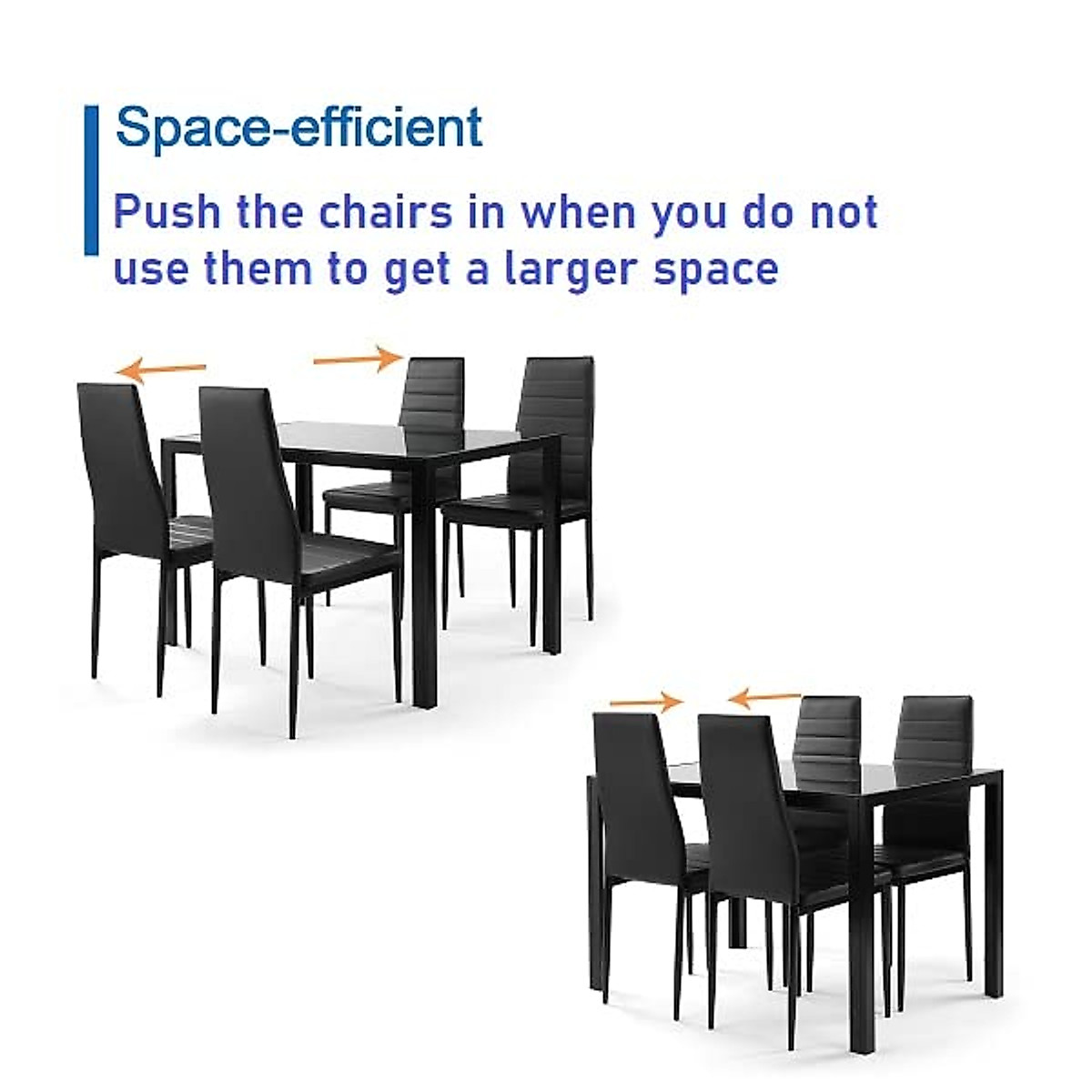 VERYKE Kitchen Dining Table Set for 4,Modern Tempered Glass Rectangular Dining Table & 4 Faux Leather Chairs Furniture Set for Kitchen Breakfast, Dining Room (Black)