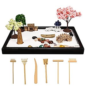 Yoquare Mini Zen Garden Kit - 10" x 7" Upgraded Zen Garden for Desk with 18 Accessories Sand Garden Decoration Included Sand Tray,Zen Garden Rake,Trees,Pagoda,Bridge,Pavilion,Boat Zen Gifts Women