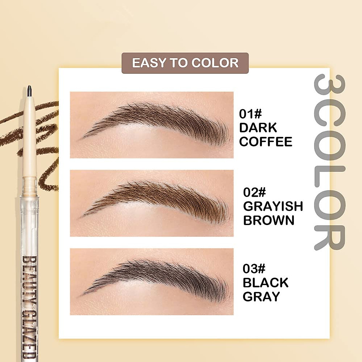 Eyebrow pencil, long-lasting waterproof and durable ultra-fine automatic makeup pencil, 3 colors (03# BLACK GRAY)