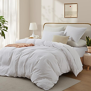 LOVQUE 100% Washed Cotton Duvet Cover Queen Size, White Linen Like Breathable Natural Bedding Set (No Comforter), 90x90 Inches