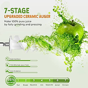 Cold Press Juicer Machine with Ceramic Auger, Slow Masticating Juicer 95% Juice Yield with Reverse Function, Quiet Motor Extractor, Easy to Clean Brush,Fruit Juicer, Vegetable Juicer