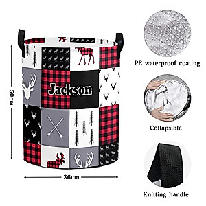 Buffalo Plaid Deer Woodland Personalized Waterproof Foldable Laundry Basket Bag with Handle, Custom Collapsible Clothes Hamper Storage Bin for Toys Laundry Dorm Travel Bathroom