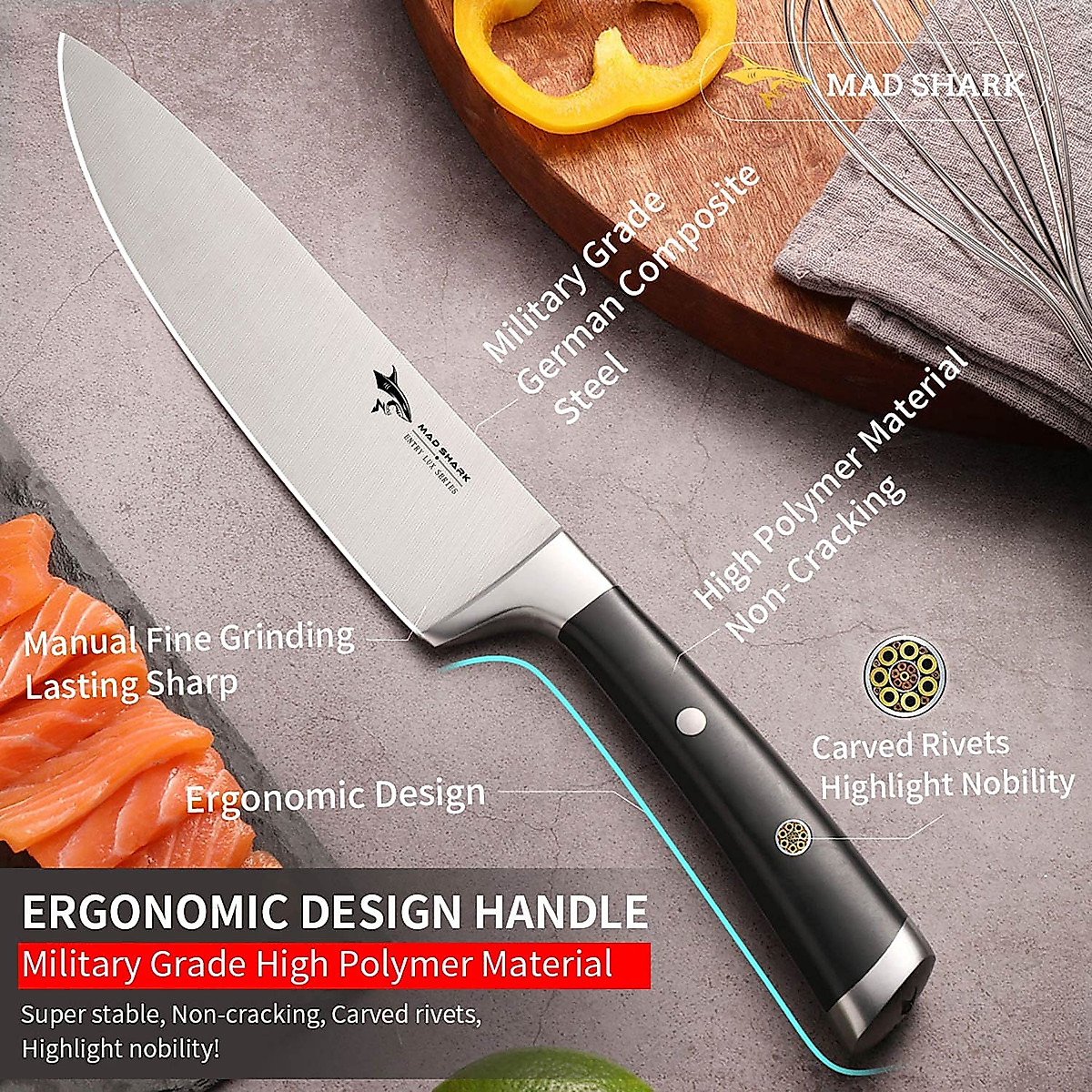 MAD SHARK Pro Kitchen Knife, 8 Inch Premium Chef Knife, German High Carbon Stainless Steel Ultra Sharp Chef's Knife with Ergonomic Handle & Gift Box, Perfect for Chopping Meat, Fish, Fruit, Vegetable