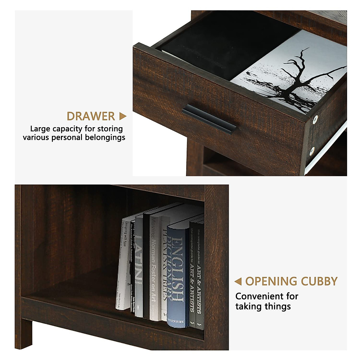 Vikiullf Farmhouse Nightstand - Wooden Bedroom Night Stand, Bedside Table for Bedroom (Espresso, 1-Drawer Set of 2)