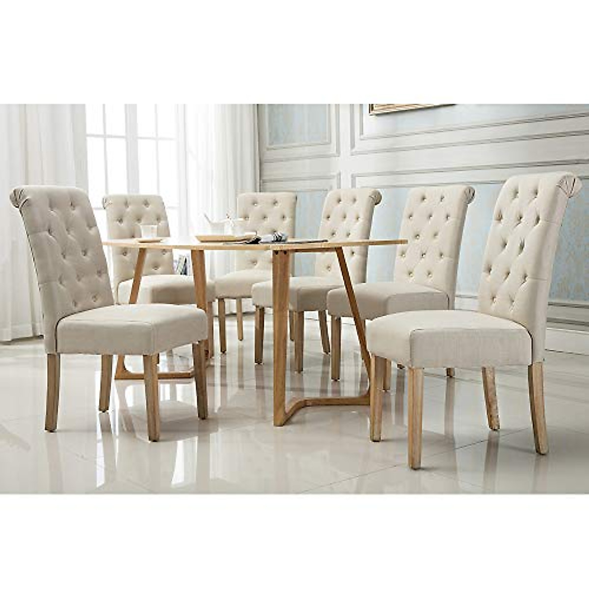 LSSBOUGHT Button-Tufted Classic Accent Dining Chairs with Solid Wood Legs, Set of 4 (Tan)