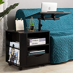 SIDUCAL Multi-Functional Wooden Bedside Table Height Adjustable & 360 Rotation Table top Rolling Laptop Desk Computer Table，Nightstand with Drawers, Black (Right Side) …