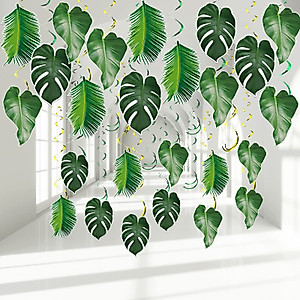 Geyee 51 Pcs Hawaiian Luau Party Palm Leaves Swirl Decorations Green Palm Leaves Hanging Decoration Ceiling Tropical Safari Jungle Party Decor for Summer Beach Baby Shower Birthday Supplies