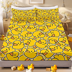 ARIGHTEX Yellow Rubber Duck Fitted Bed Sheet Set Kids Soft Microfiber Breathable Bedding All-Round Elastic Pocket 3 Pieces Fitted Sheet Set for Boys and Girls (Twin)