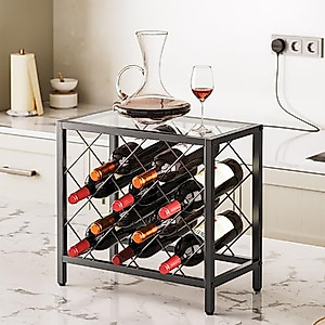 HOOBRO Wine Rack Countertop, 10-Bottle Wine Storage Rack, Freestanding Modern Glass Metal Small Wine Rack, Tabletop Wine Holder Stand for Bar, Dining Room, Kitchen, Black BK11JJ01