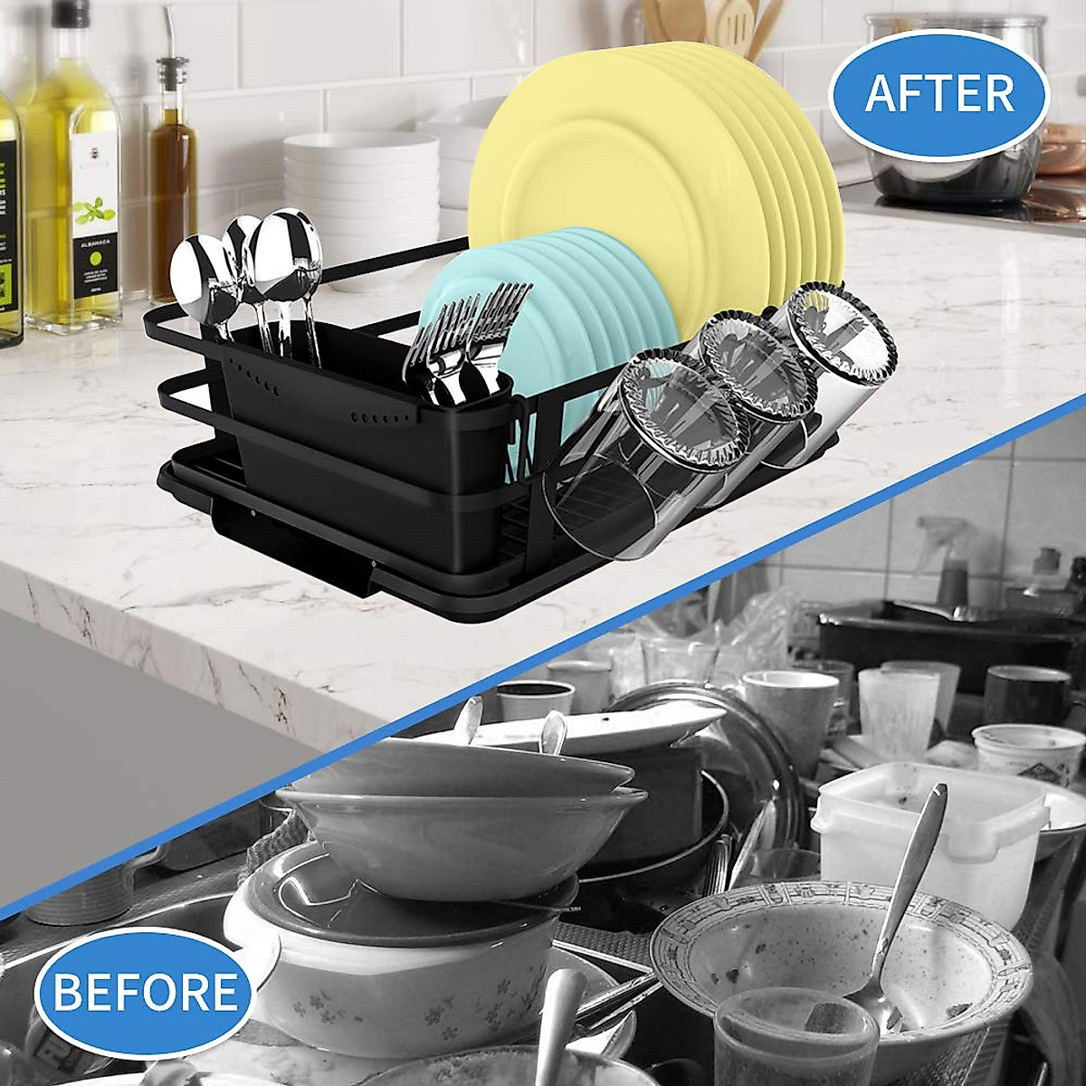 TreeLen Dish Drainers for Kitchen Counter with Drainboard Set Black Dishes Drying Rack Dish Sink Strainers with Removable Utensil Cup Holder-Black-14.6x11.8”