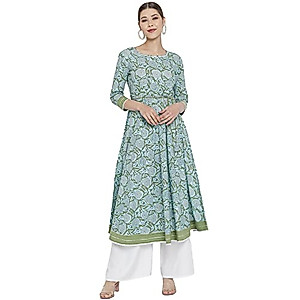 Yash Gallery Women's Plus Size Cotton Floral Printed Anarkali kurta (Blue)